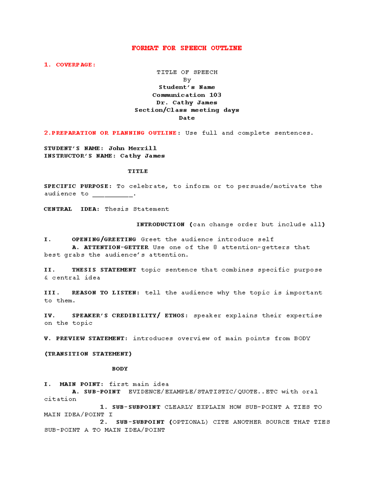 Required Format FOR Speech Outlines - FORMAT FOR SPEECH OUTLINE 1 ...