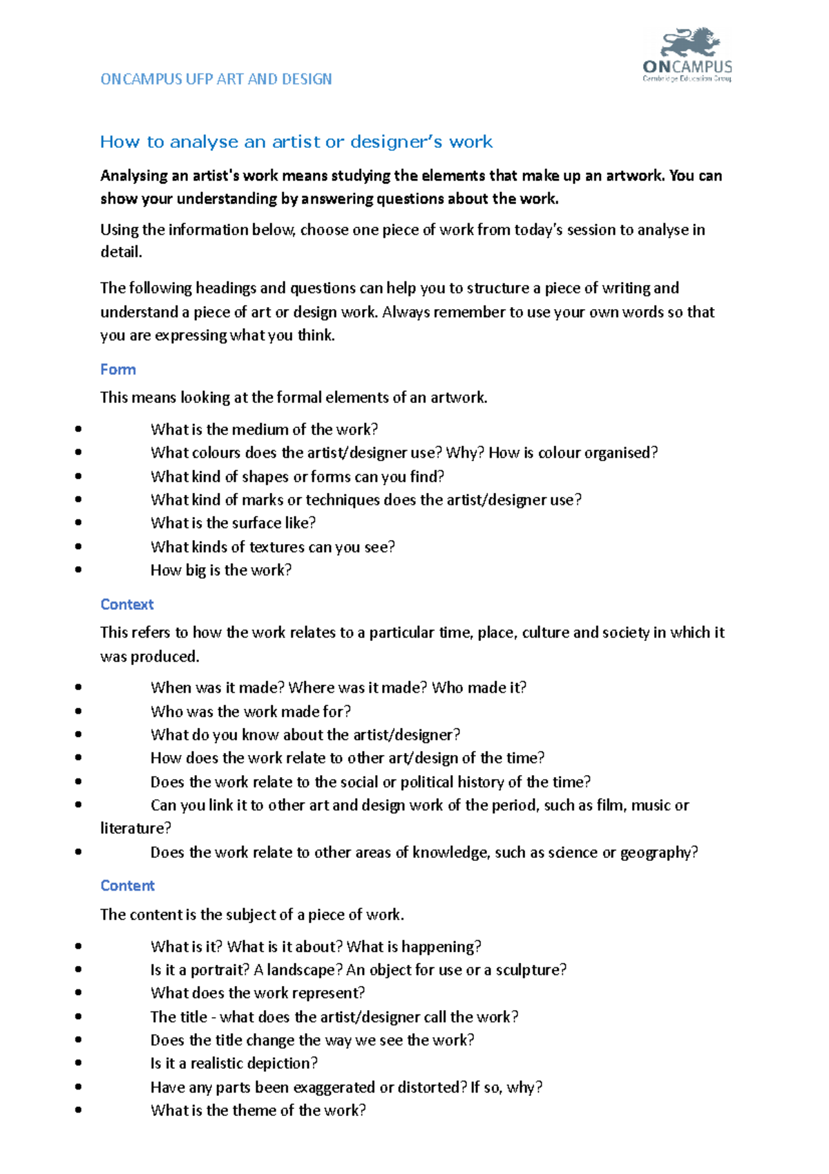 Task How to analyse an artists work - ONCAMPUS UFP ART AND DESIGN How ...