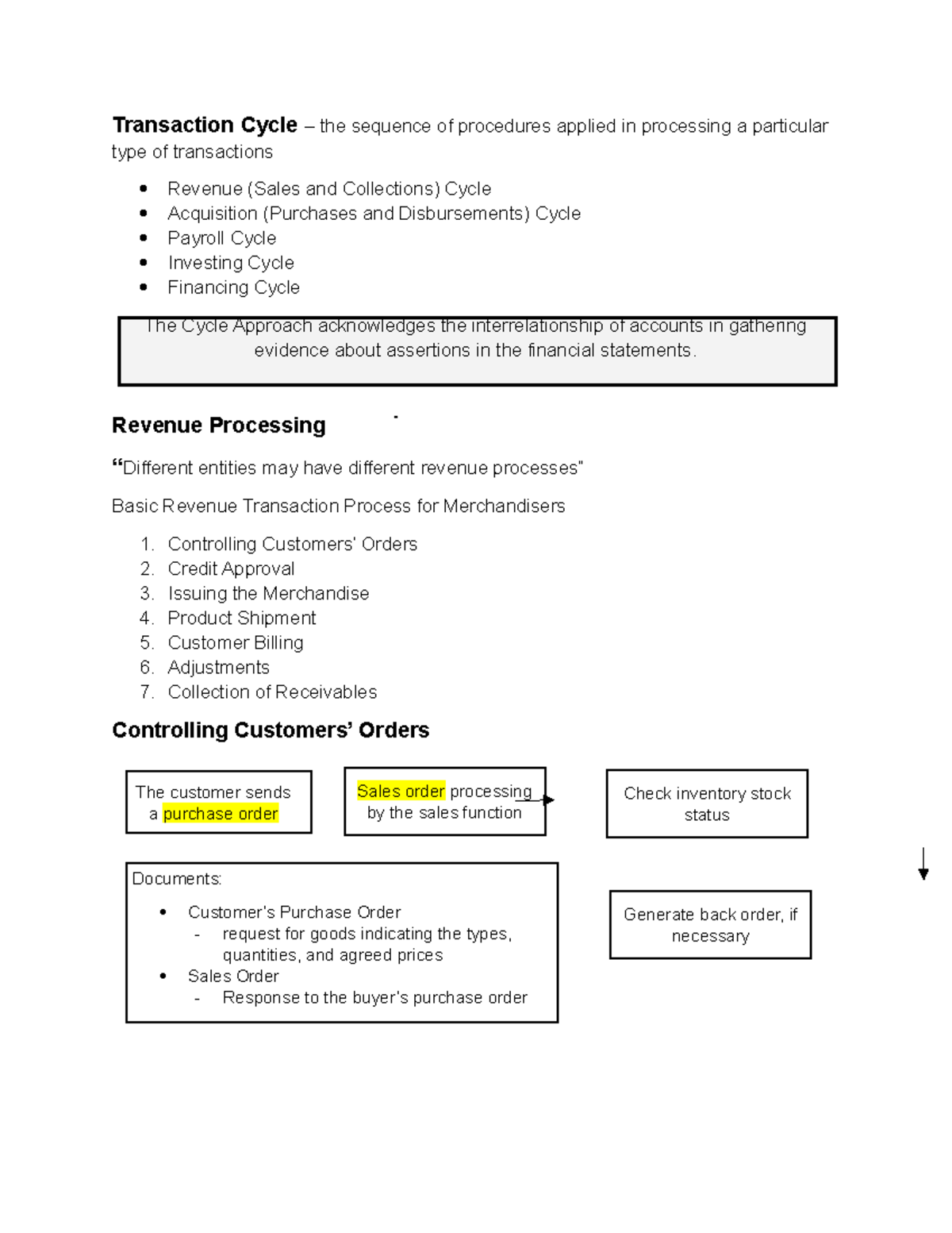 Audit of Revenue Cycle - Transaction Cycle – the sequence of procedures ...