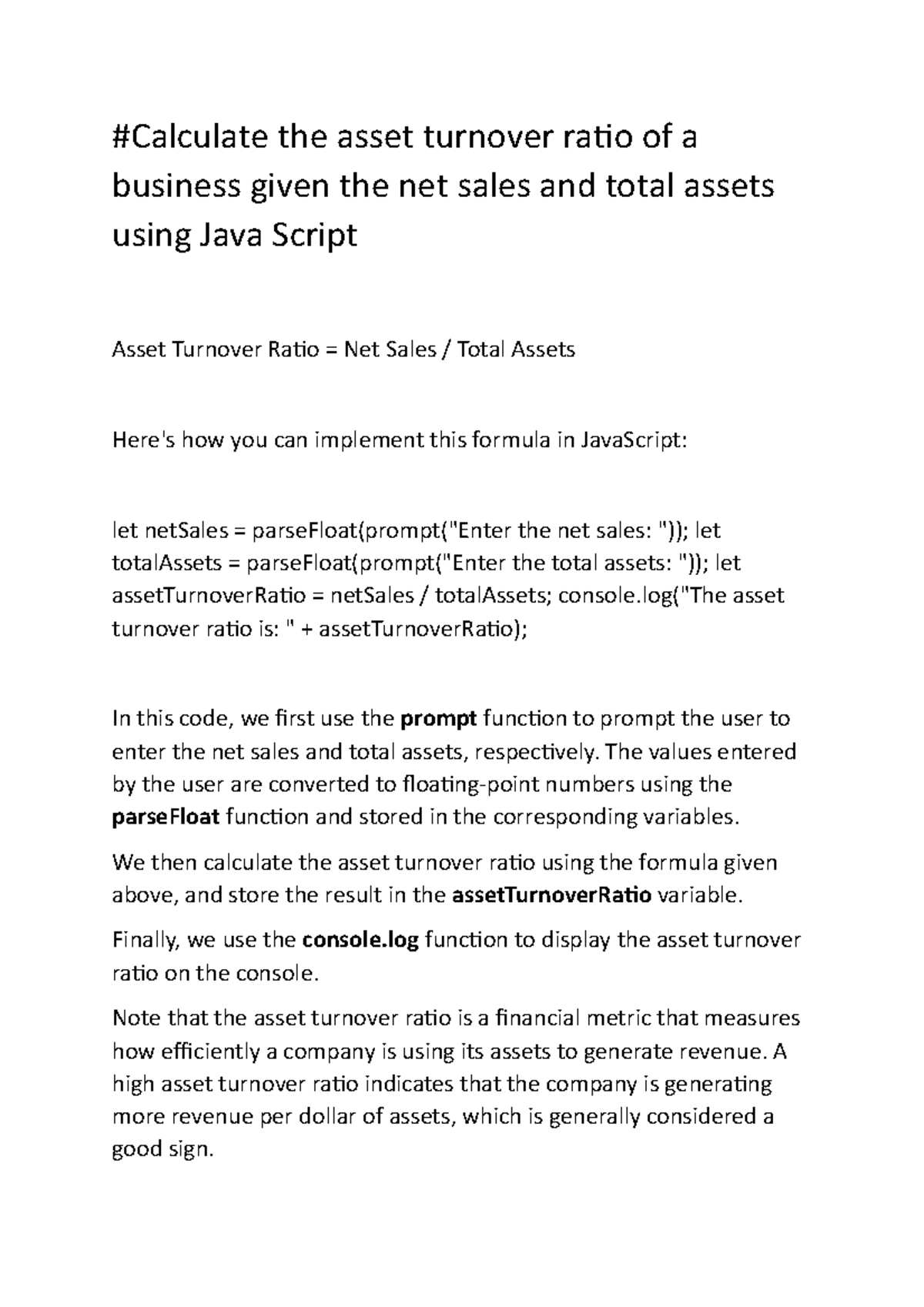 Net sales and total assets using Java Script - #Calculate the asset ...