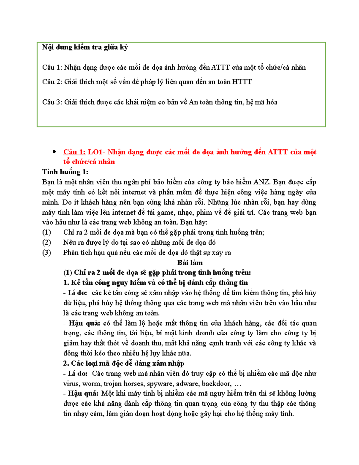 THI GK ATTT - attt - Nội dung kiểm tra giữa kỳ Câu 1: Nhận dạng được các mối đe dọa ảnh hưởng ...