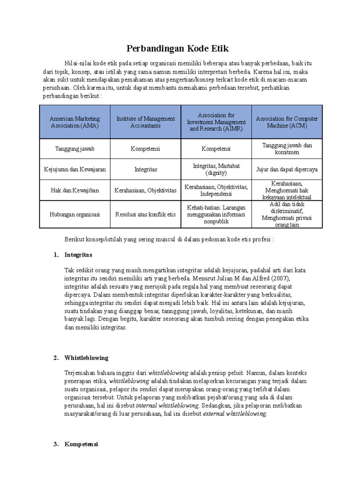 Perbandingan kode etik - Perbandingan Kode Etik Nilai-nilai kode etik ...