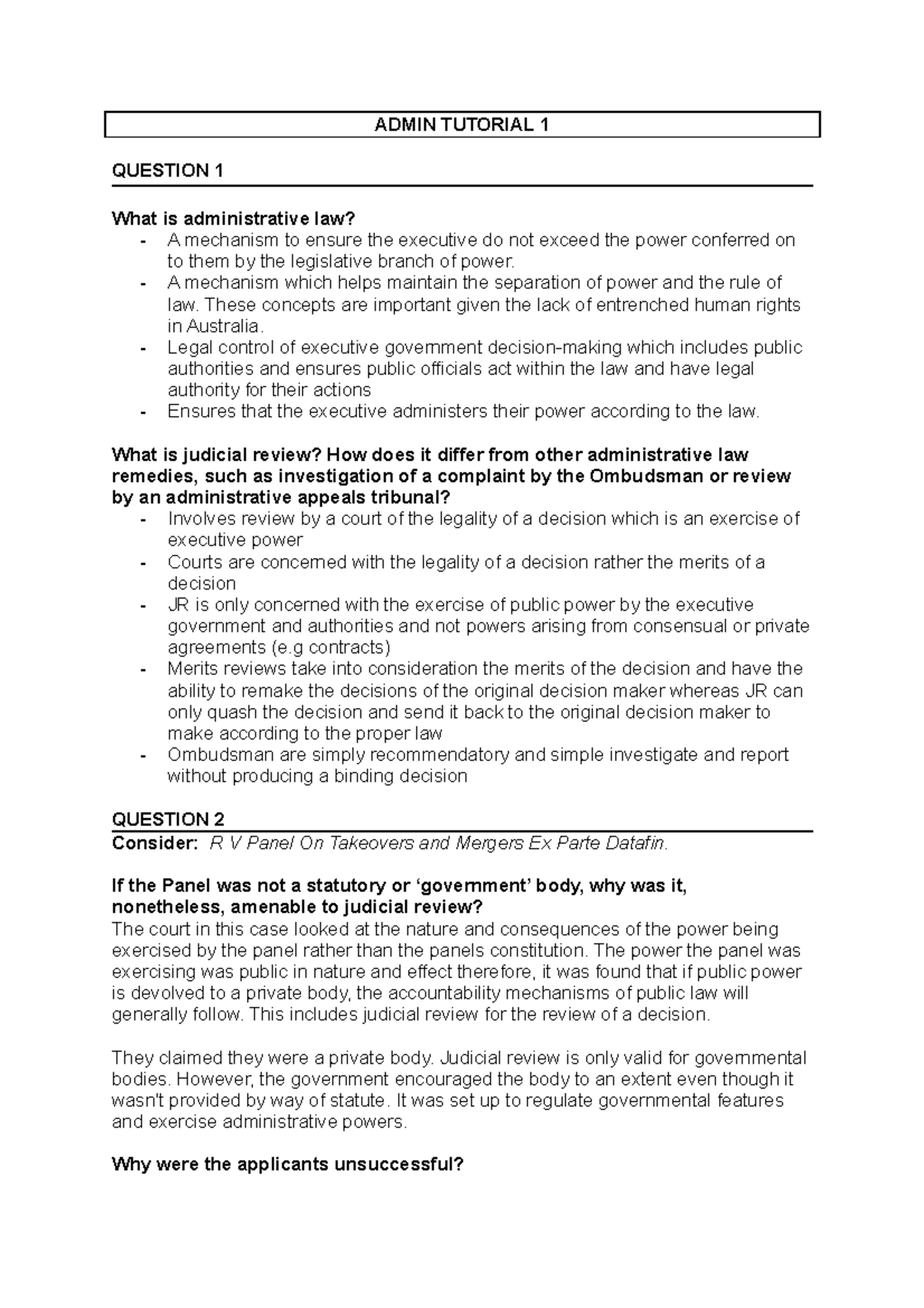 Tutorial Answers (Semester 2 2019) - ADMIN TUTORIAL 1 QUESTION 1 What is administrative law? - A ...