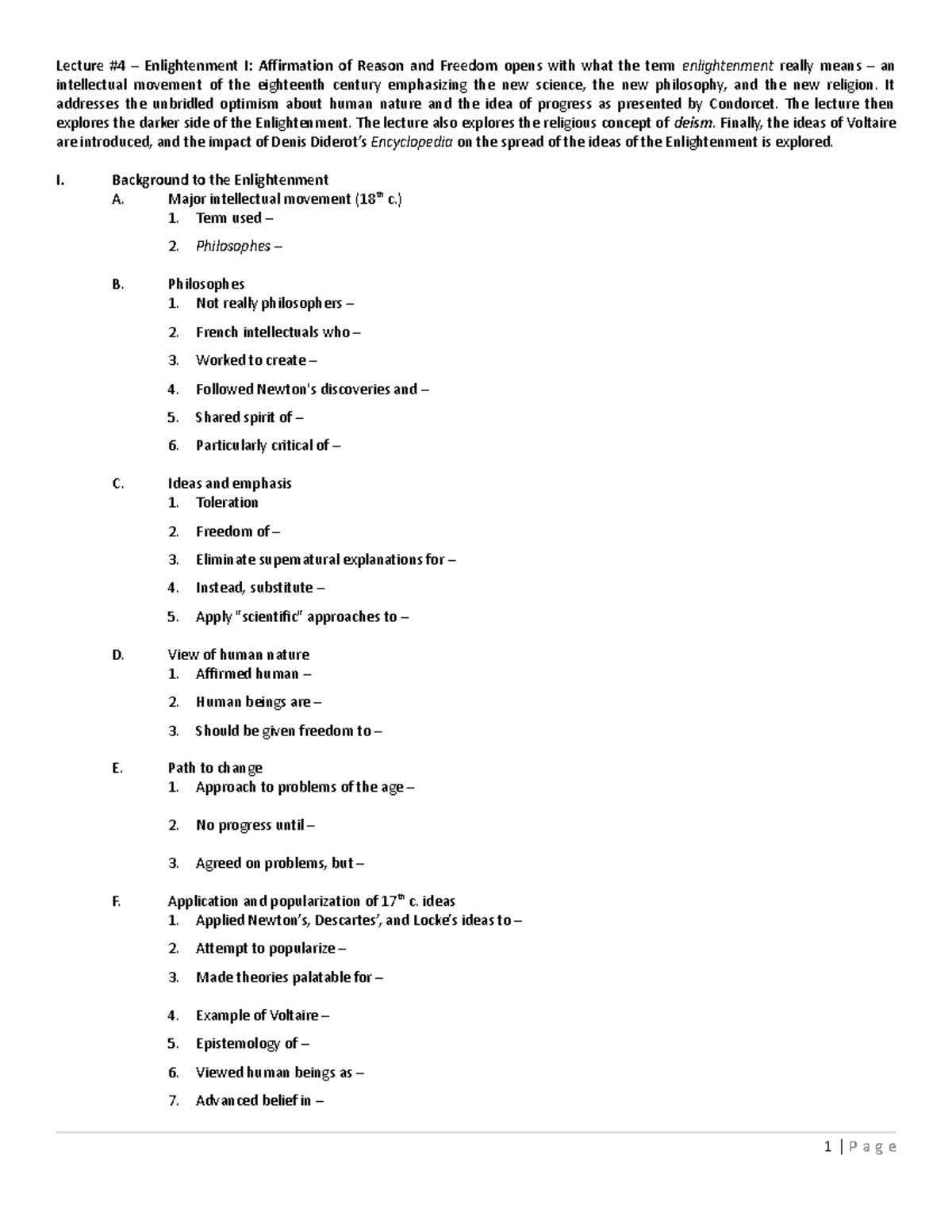 SN 4 Enlightenment I - notes - Lecture #4 – Enlightenment I ...