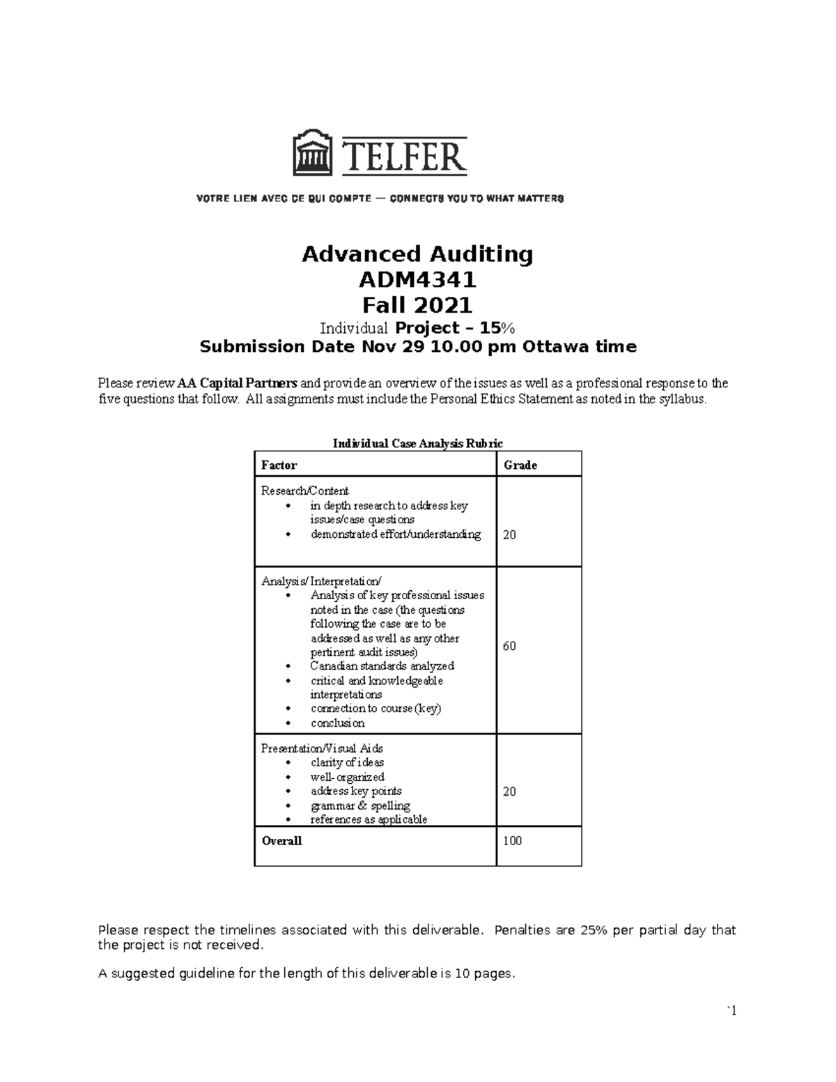 Individual Assignment - Advanced Auditing ADM Fall 2021 Individual Project – 15% Submission Date ...