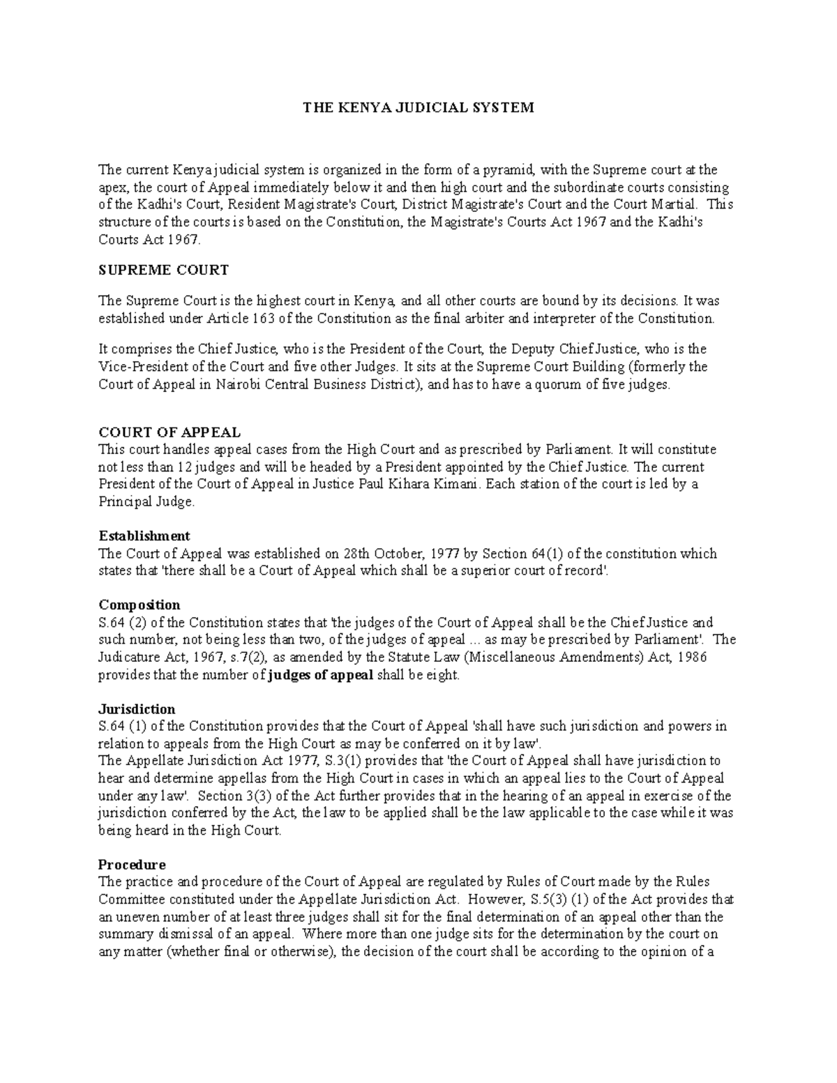 Judiciary Notes - THE KENYA JUDICIAL SYSTEM The current Kenya judicial ...