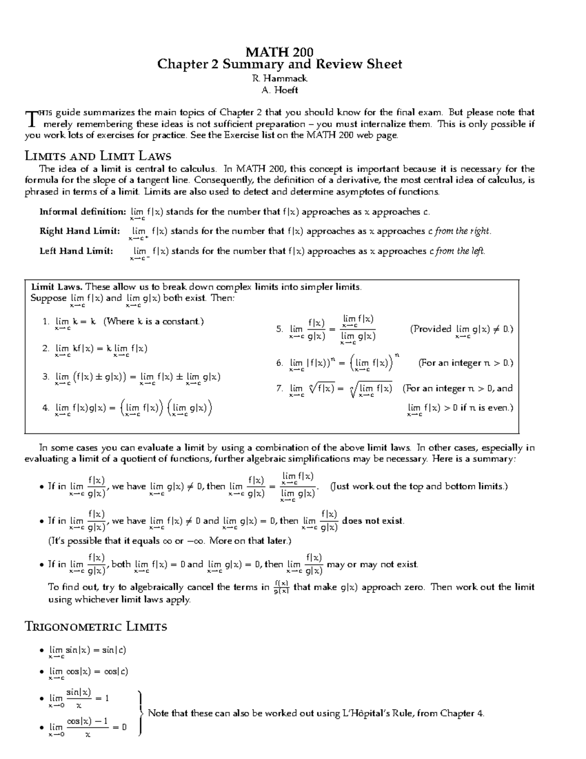 Chapter 2 notes - MATH 200 Chapter 2 Summary and Review Sheet R ...