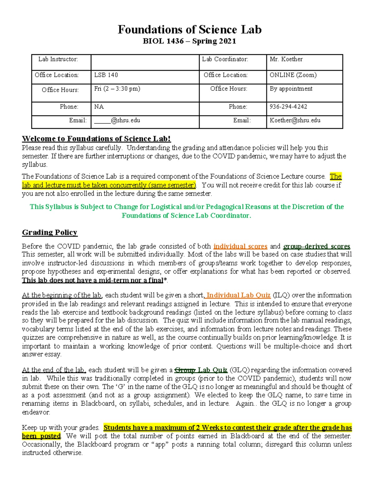 Syllabus Spring 2021 Fo S Labs - Foundations of Science Lab BIOL 1436 ...