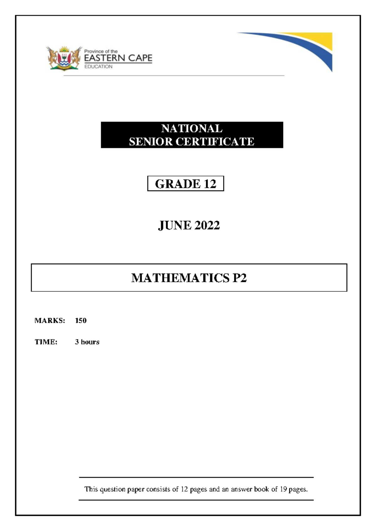 Mathematics 2022 June Exam P2 ENG - NATIONAL SENIOR CERTIFICATE GRADE ...