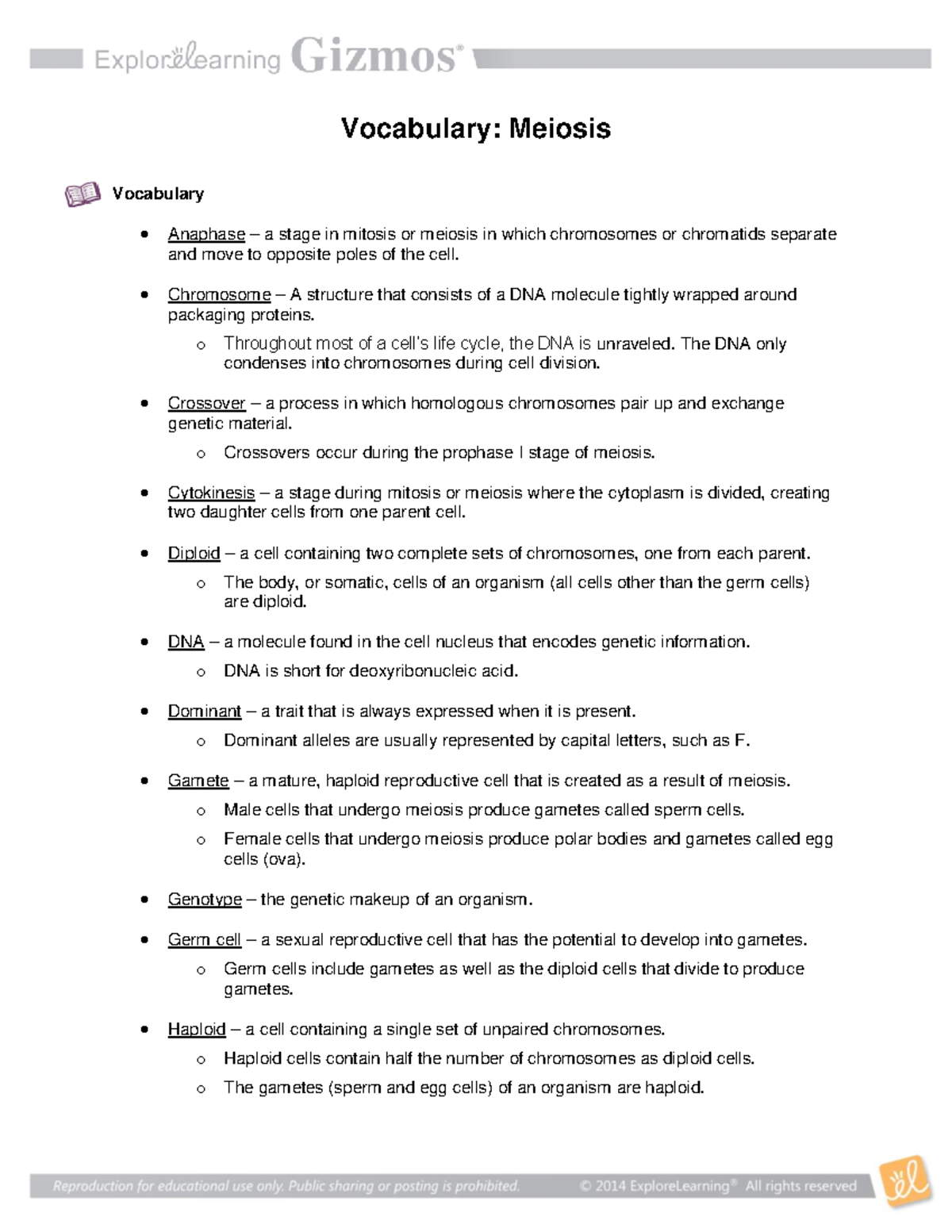 Meiosis Vocab - jjjjjjjjjjjj - Vocabulary: Meiosis Vocabulary Anaphase ...