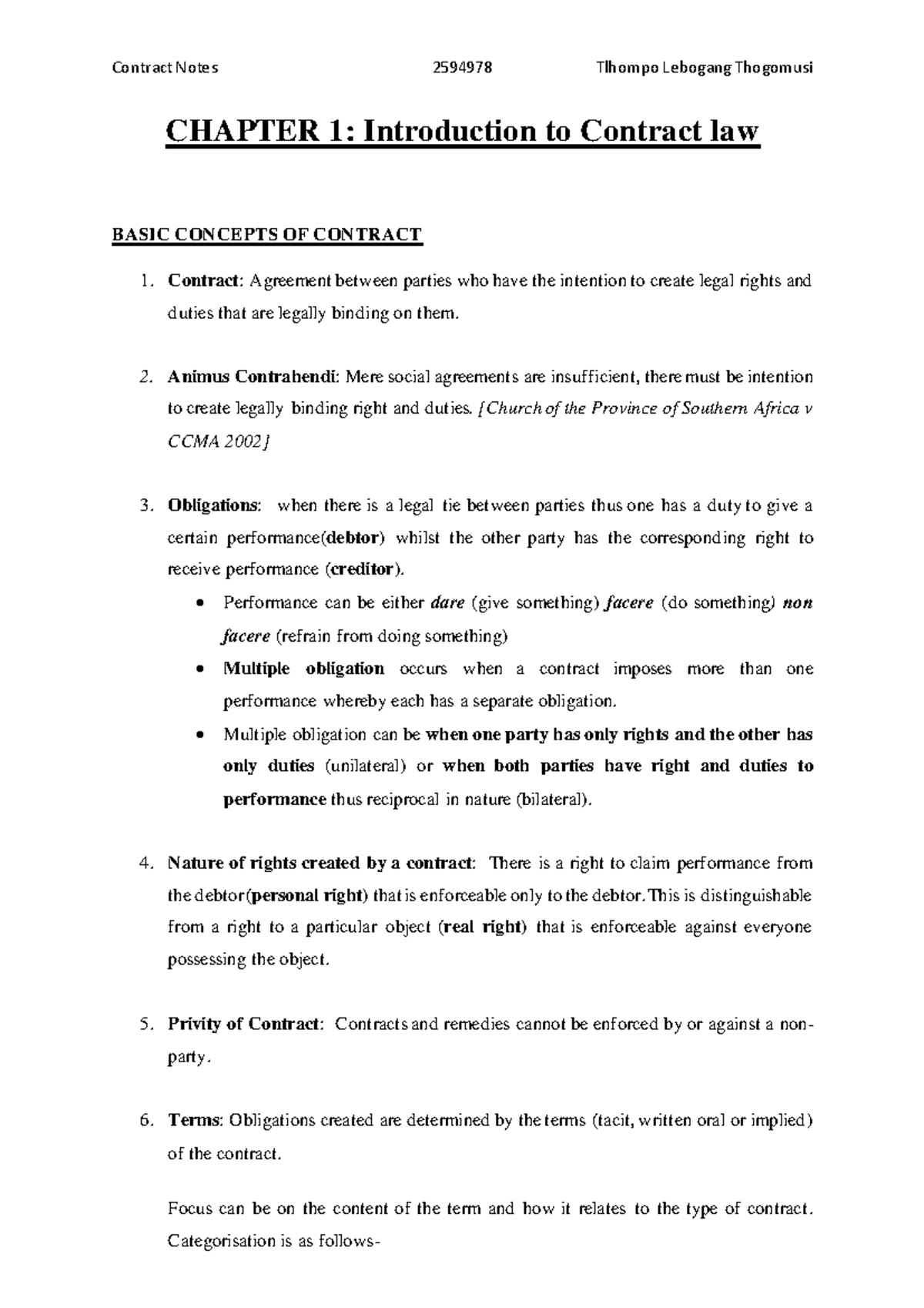 Contract Notes - summary - CHAPTER 1: Introduction to Contract law ...