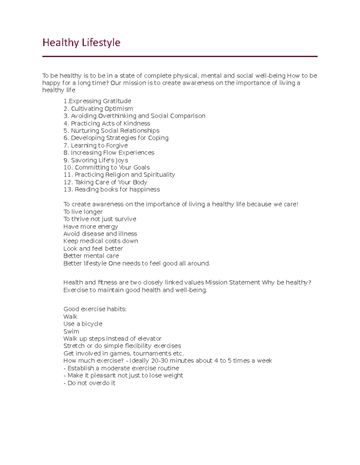 Healthy Lifestyle - Lecture notes 1 - Healthy Lifestyle To be healthy ...