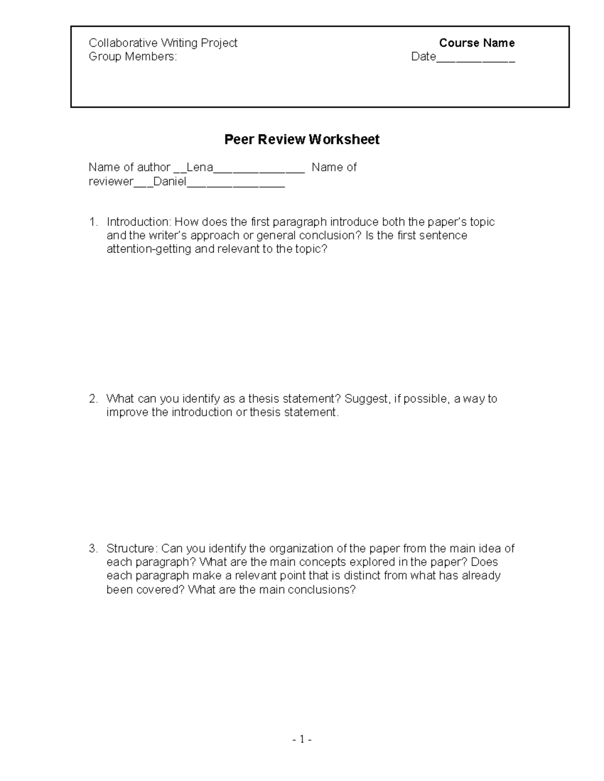Copy of Collab Writing PEER Review Worksheet - Collaborative Writing ...