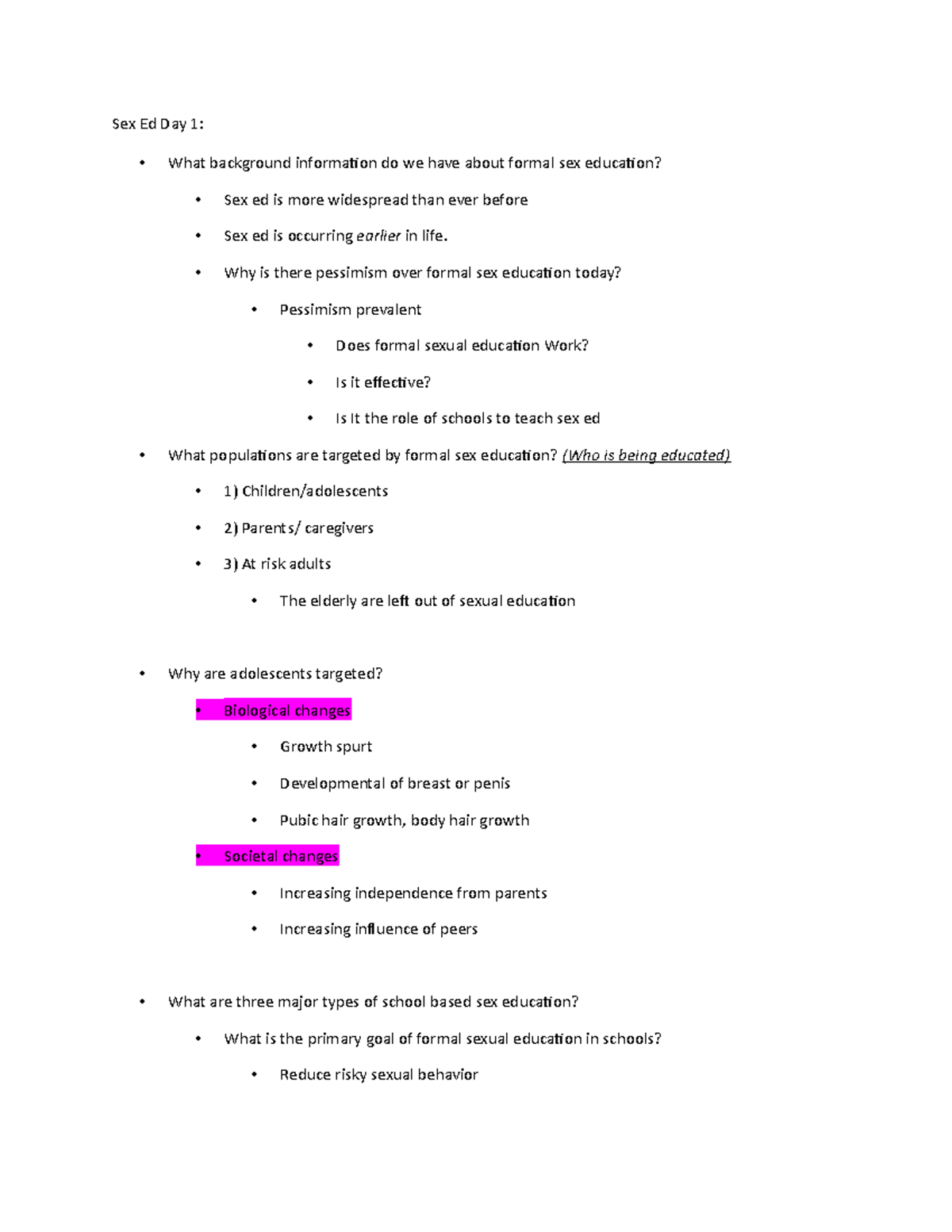 Sex Ed Module Notes Sex Ed Day 1 What Background Information Do We