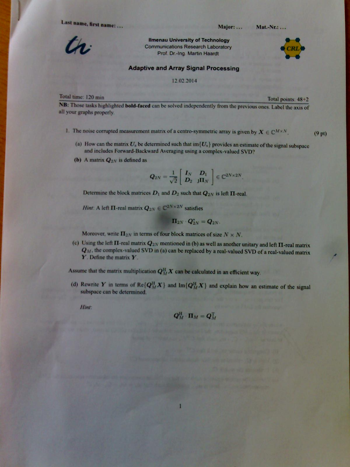 AASP Exam WS 1314 - exam - Adaptive And Array Signal Processing - Studocu