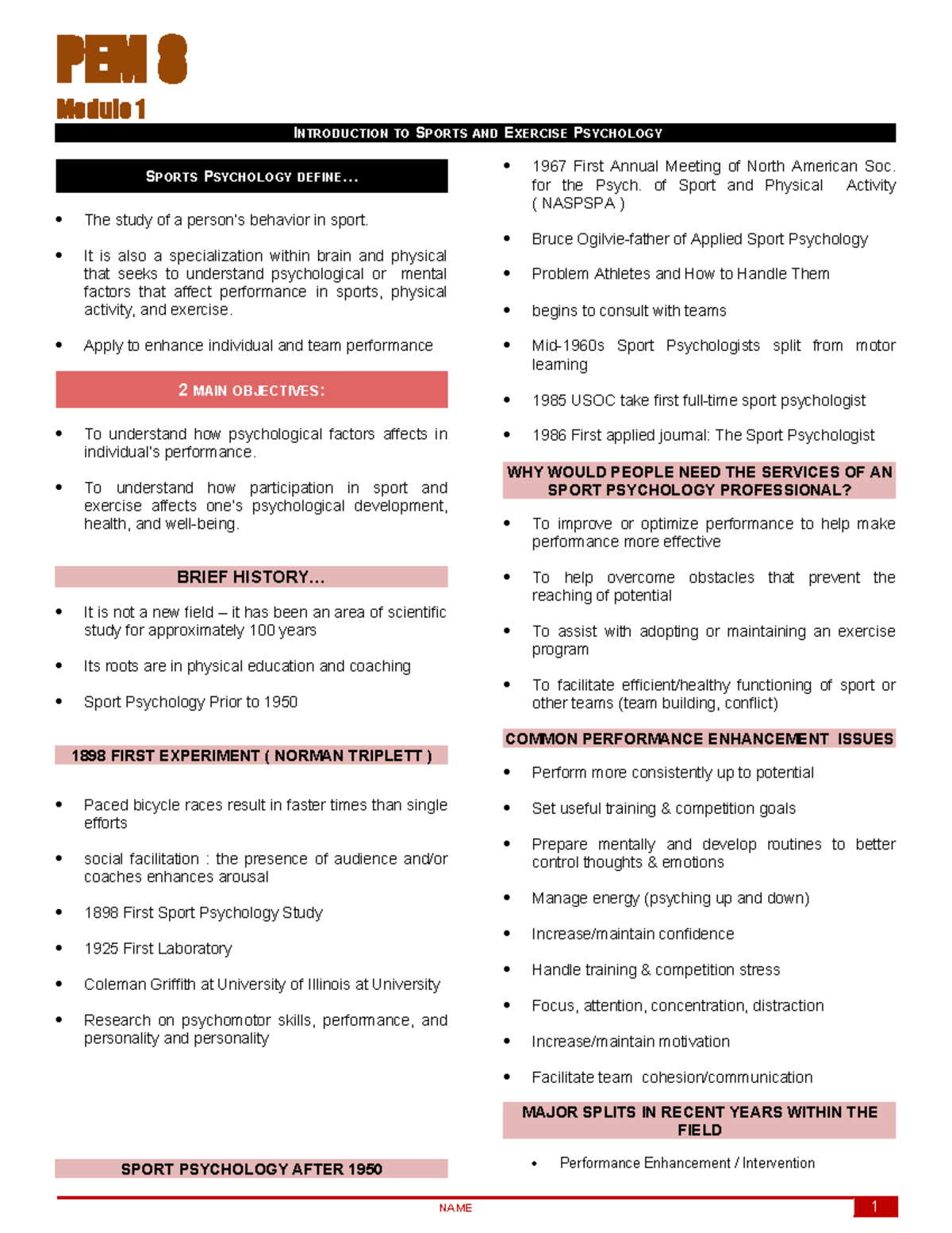Module 1 pem 5 - EXERCISE AND SPORTS PSYCHOLOGY - PEM 8 Module 1 ...