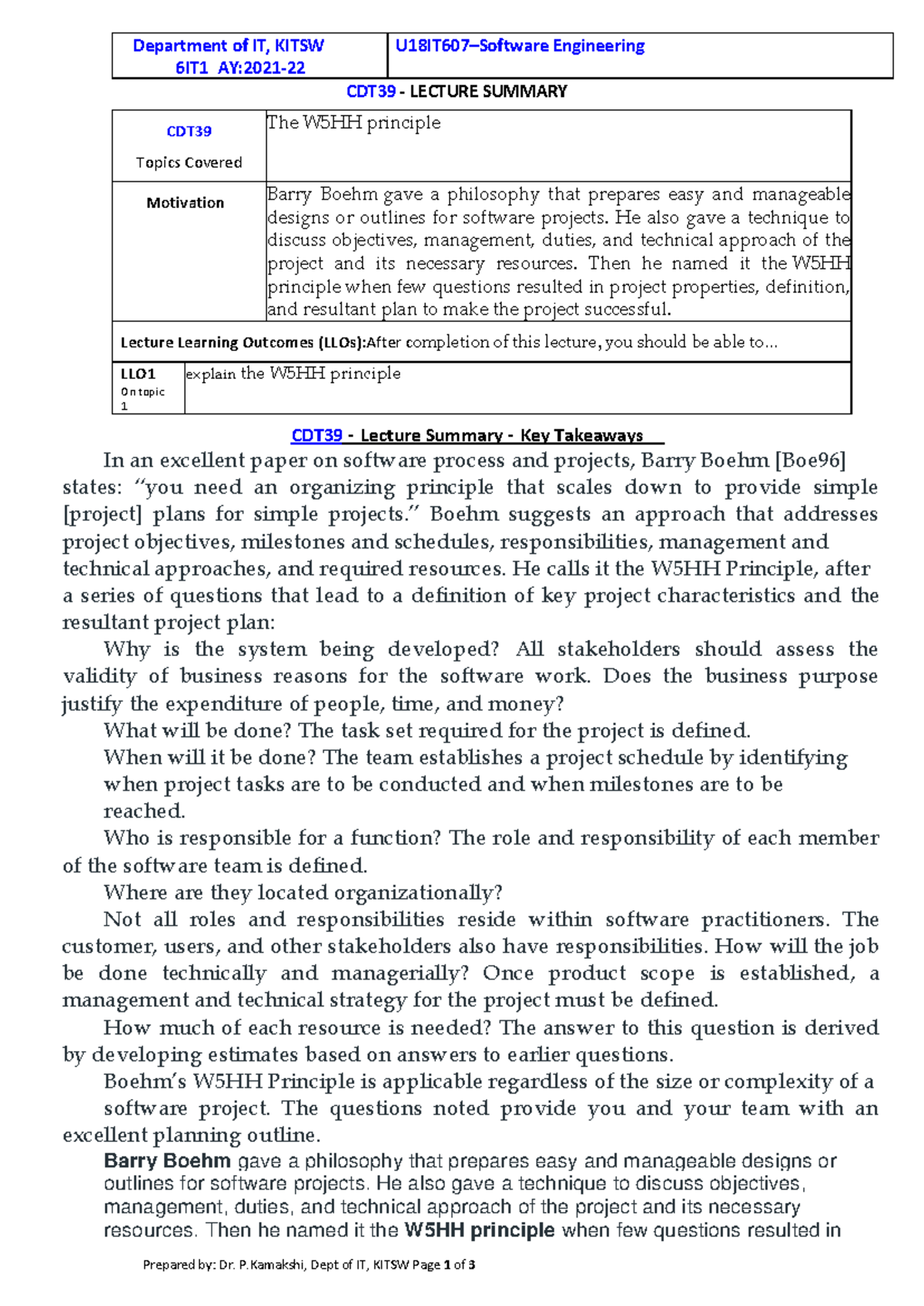 The W5HH principle in SE - Department of IT, KITSW 6IT1 AY:2021 ...