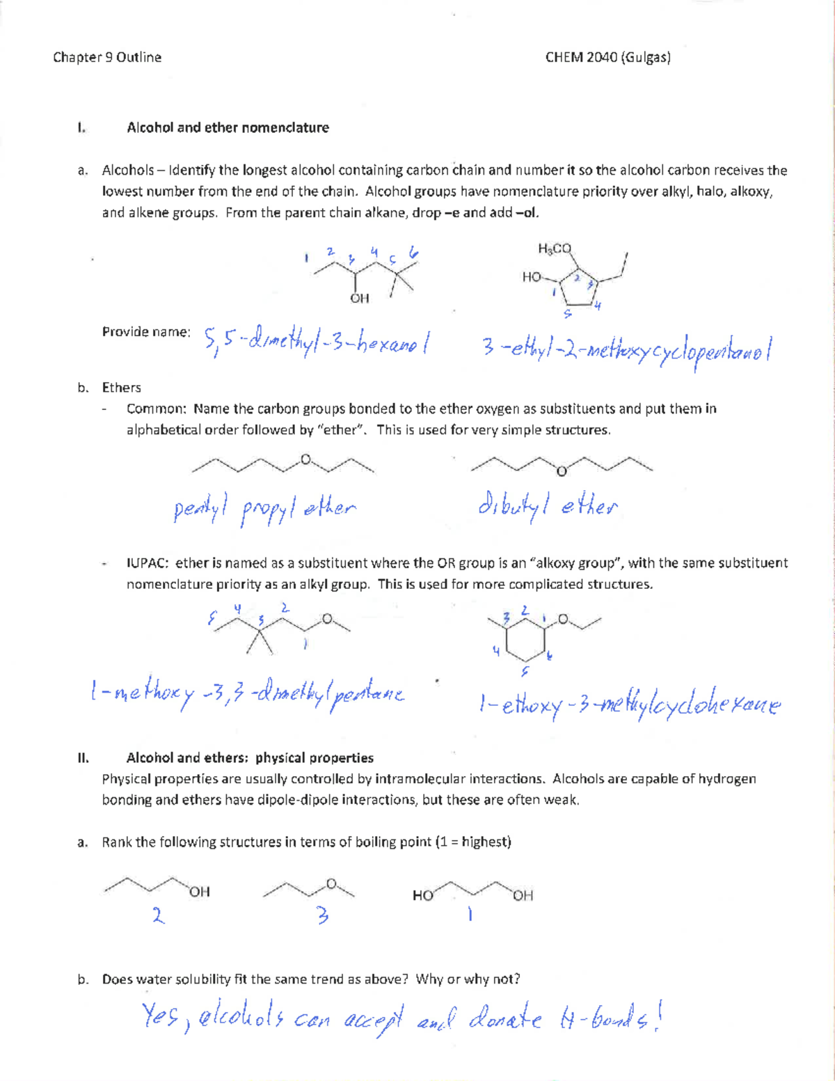 Ch.9 Outline (filled) - tutorial work - Chapter 9 Outline CHEM 2040 ...