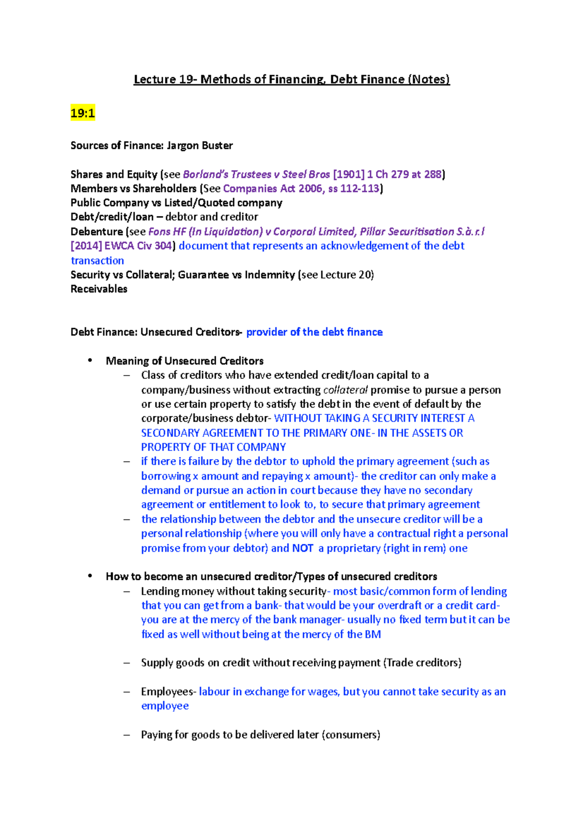 Lecture 19- Methods of Financing, Debt Finance (Notes) - Lecture 19 ...