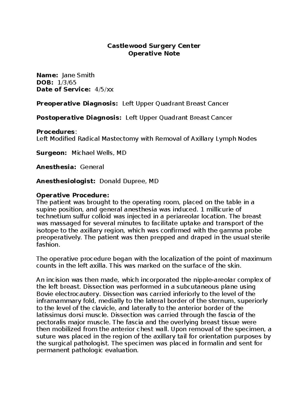 MCCG146 - Portfolio Project Operative Note - Castlewood Surgery Center ...