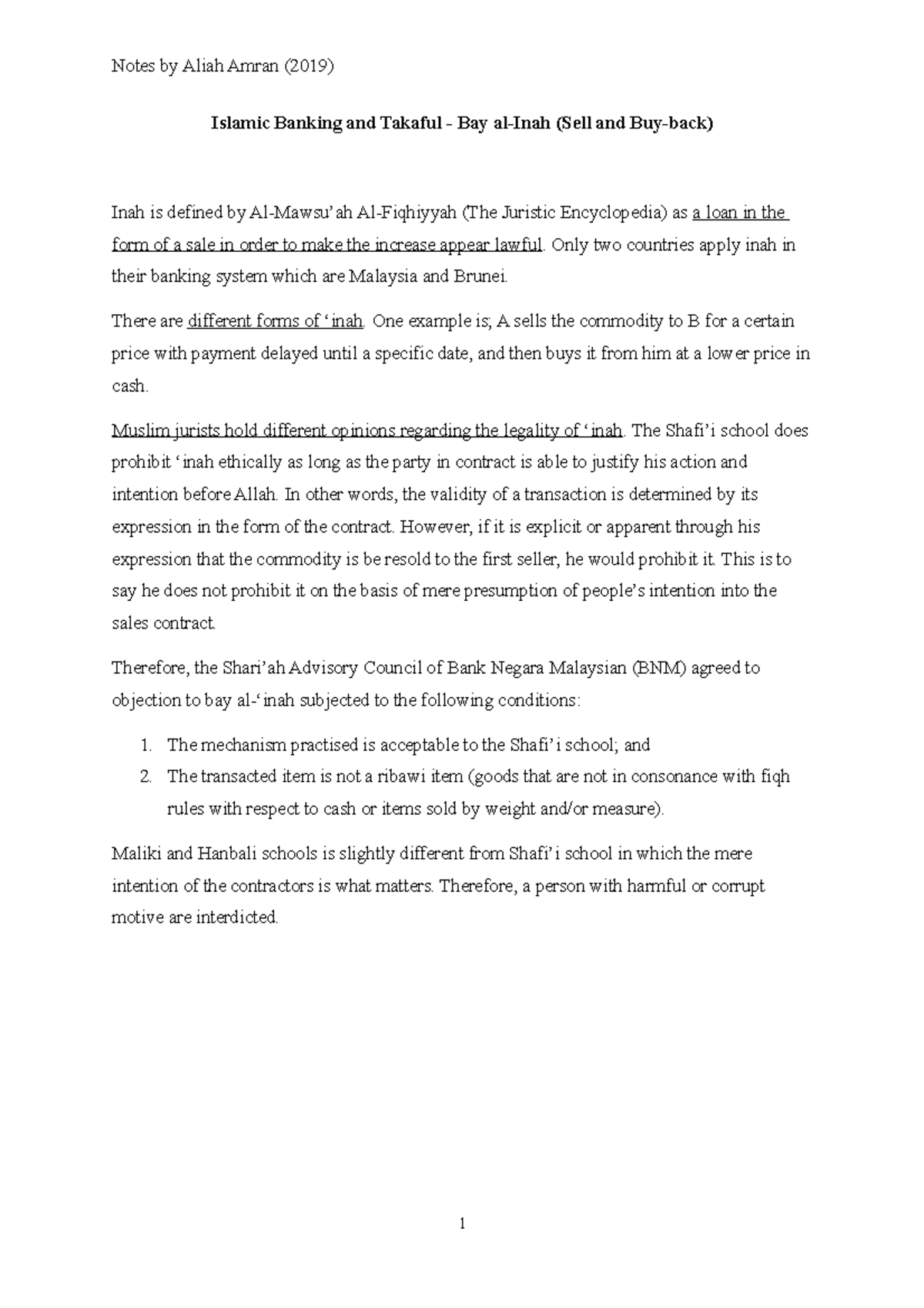 Islamic Banking Takaful - Bay Al 'Inah - Notes by Aliah Amran (2019 ...