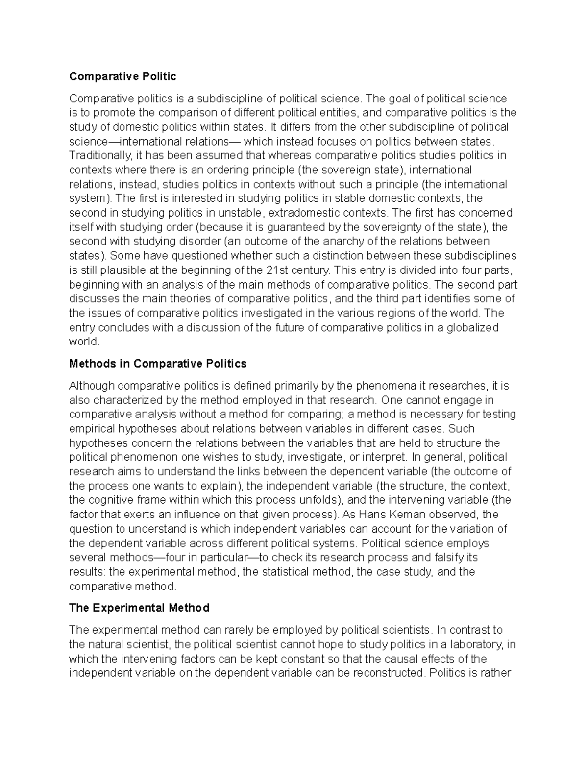 Comparative Politic - Comparative Politic Comparative politics is a ...