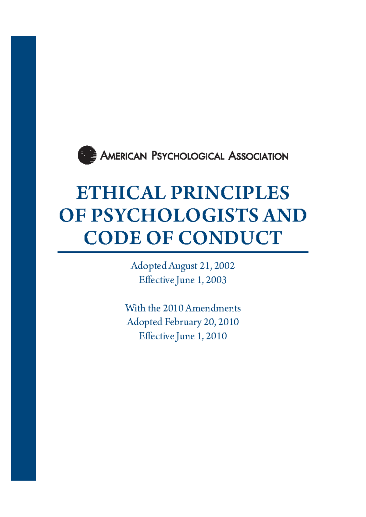 APA Ethics - Ehics - ETHICAL PRINCIPLES OF PSYCHOLOGISTS AND CODE OF ...