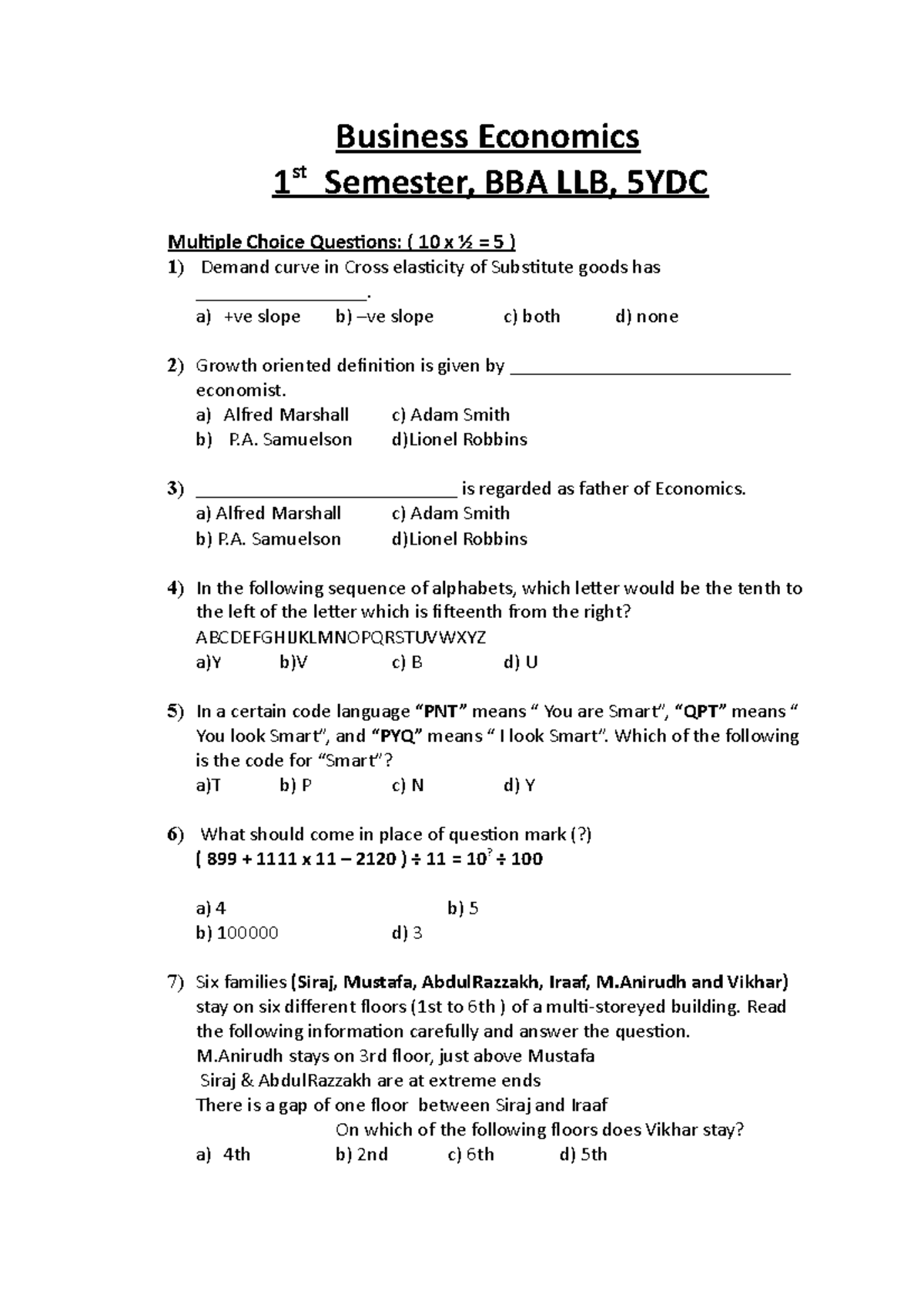 Business Economics 1st Sem 5YDC Question paper - Business Economics 1 ...