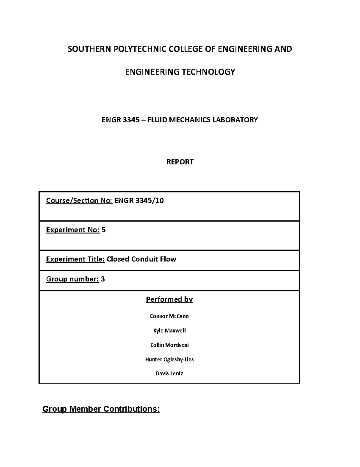 Lab 5 Closed Conduit Flow - SOUTHERN POLYTECHNIC COLLEGE OF ENGINEERING ...