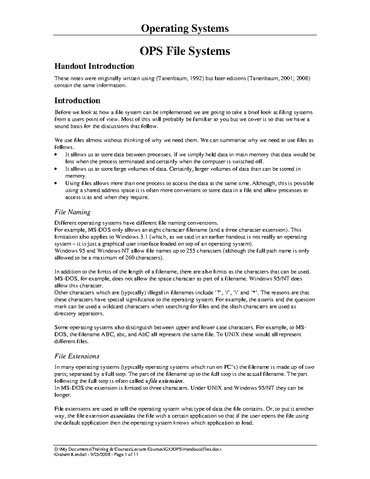 file systems lecture notes - OPS File Systems Handout Introduction ...