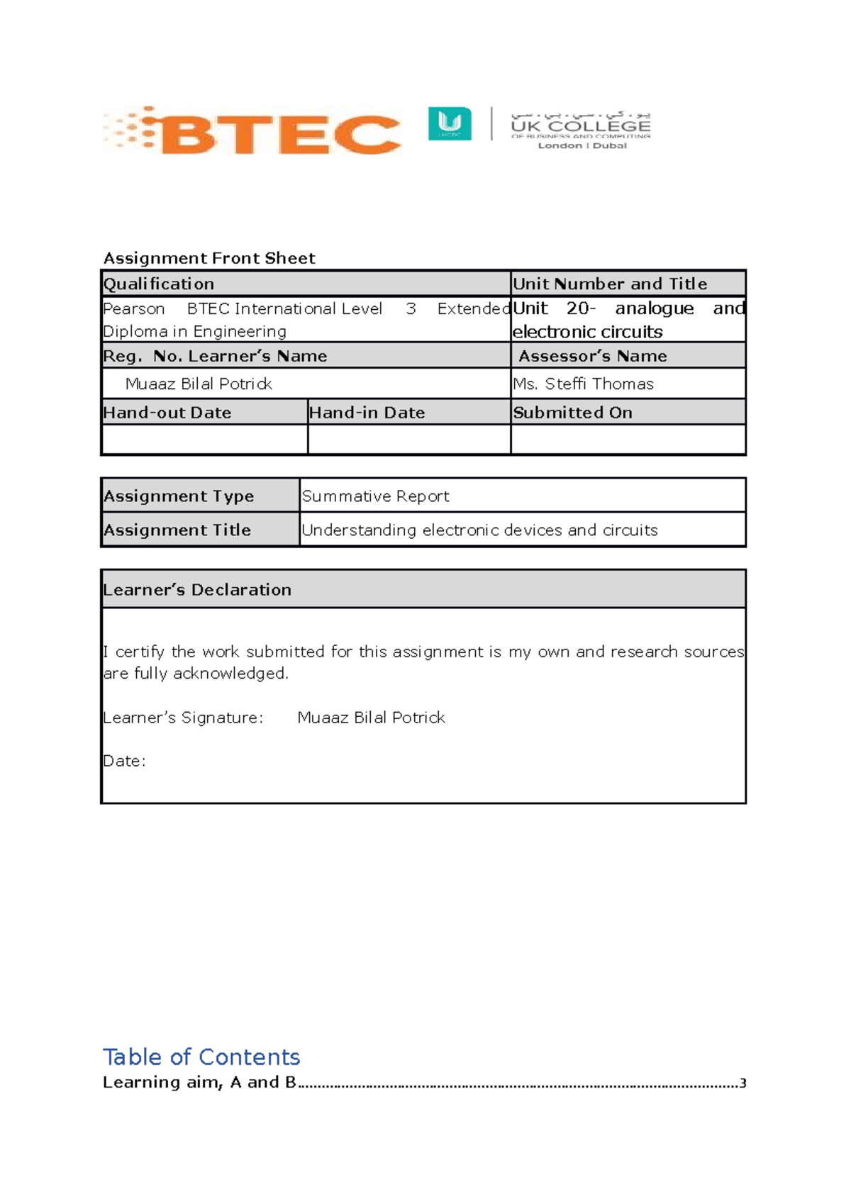 Unit 20 - fbfsb - Assignment Front Sheet Qualification Unit Number and ...