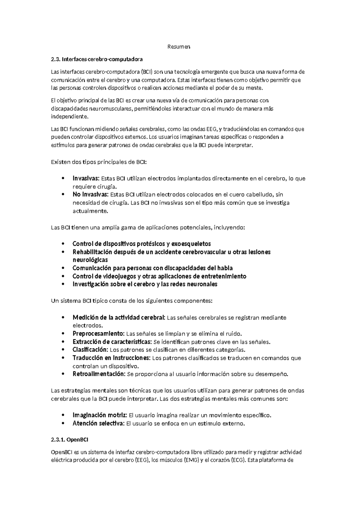 Resumen - Ejercicio de EEGs - Resumen 2. Interfaces cerebro-computadora Las interfaces - Studocu