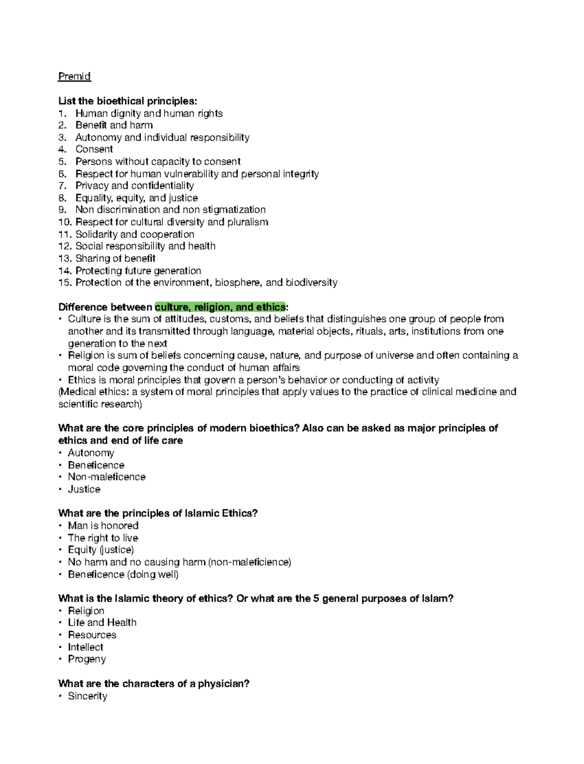 Possible SAQs - phlegms - Premid List the bioethical principles: Human ...