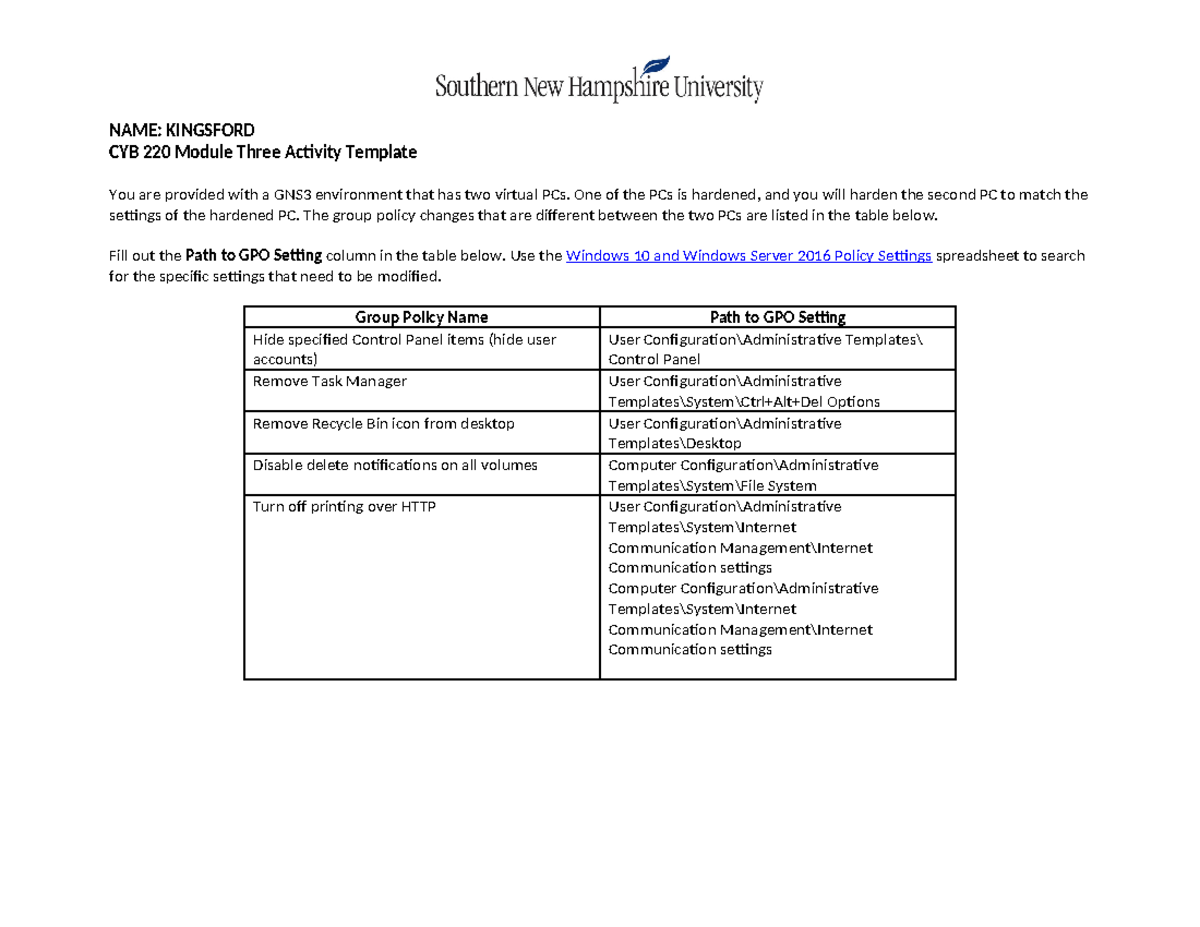 CYB 220 Module Three Activity Template - NAME: KINGSFORD CYB 220 Module ...