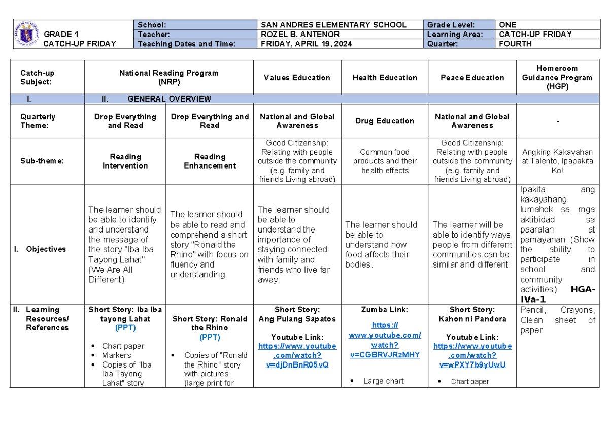 WEEK 2-DLL- Catch-UP- Friday- Grade-1 - GRADE 1 CATCH-UP FRIDAY School ...