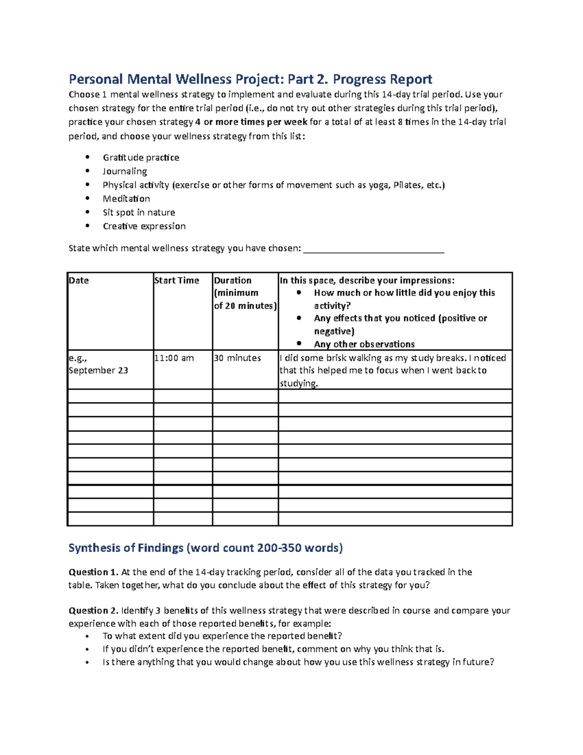 Wellness Project Assignment Part 2 - Personal Mental Wellness Project ...