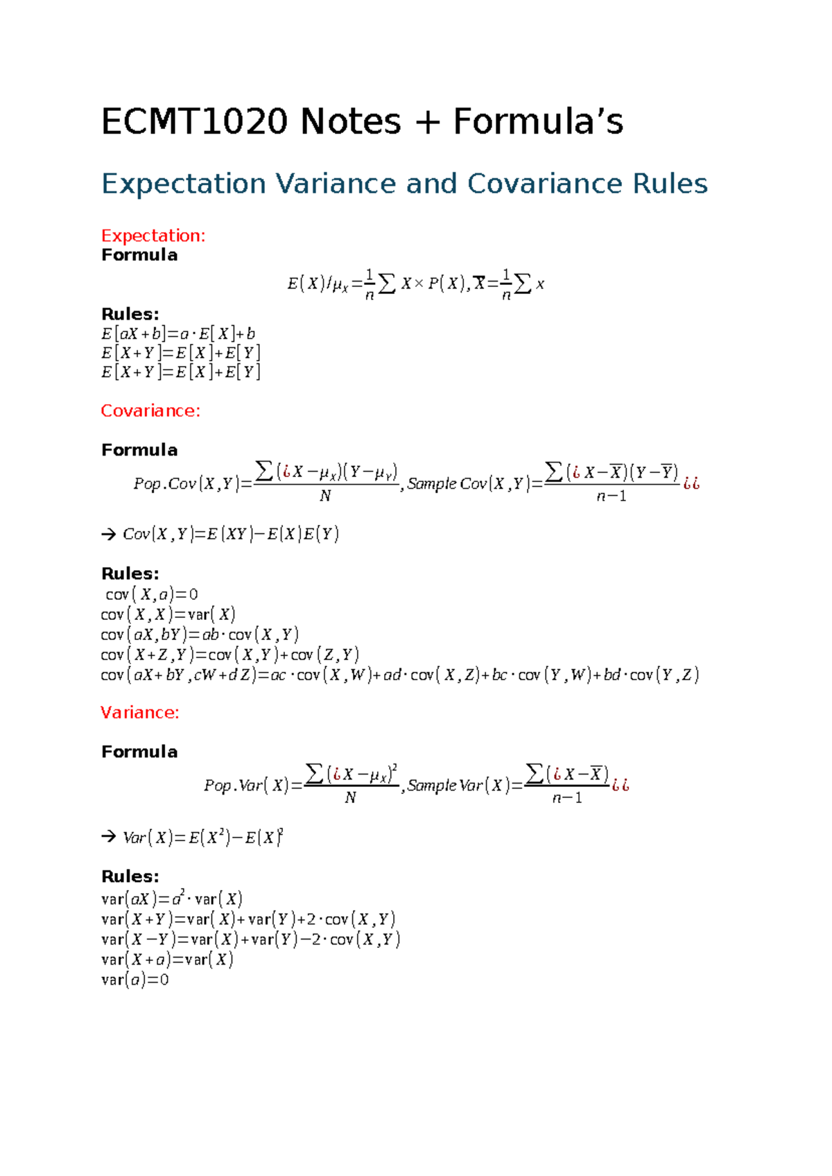 ECMT1020 Notes - Summary Introduction to Econometrics - ECMT1020 Notes ...