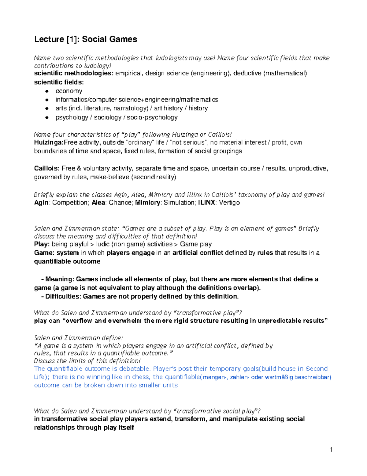 Question 1-2 - Lecture Social Games Name two scientific methodologies ...