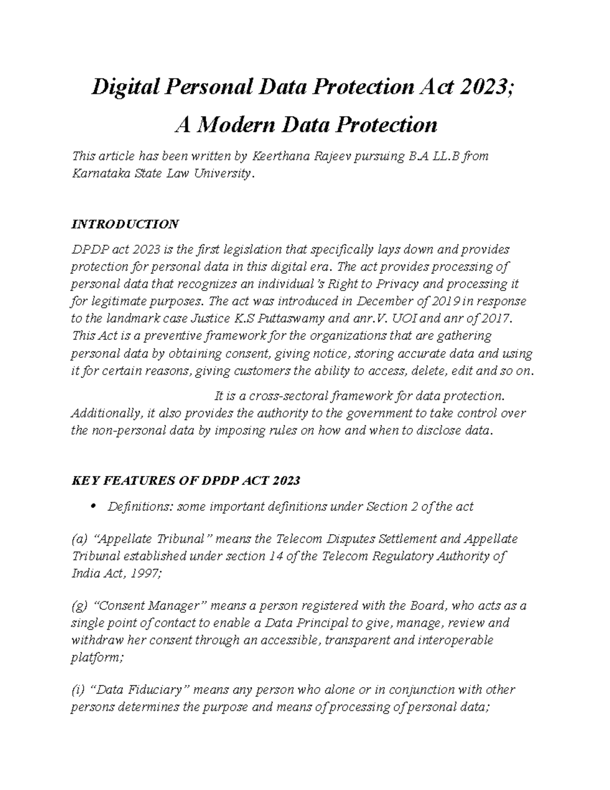 Digital Personal Data Protection Act 2023 - INTRODUCTION DPDP act 2023 ...