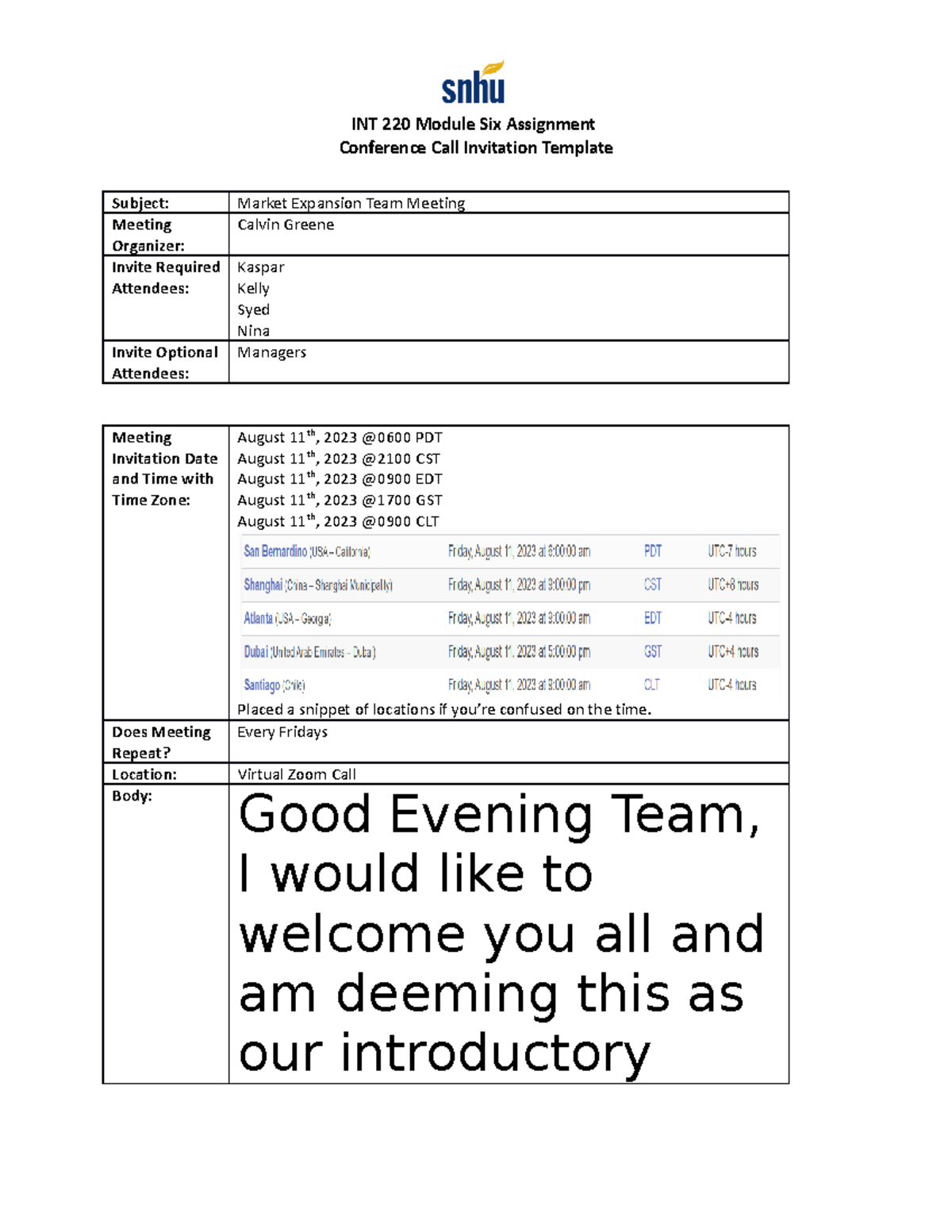6-1 Global Conference Call Invitation - INT 220 Module Six Assignment ...