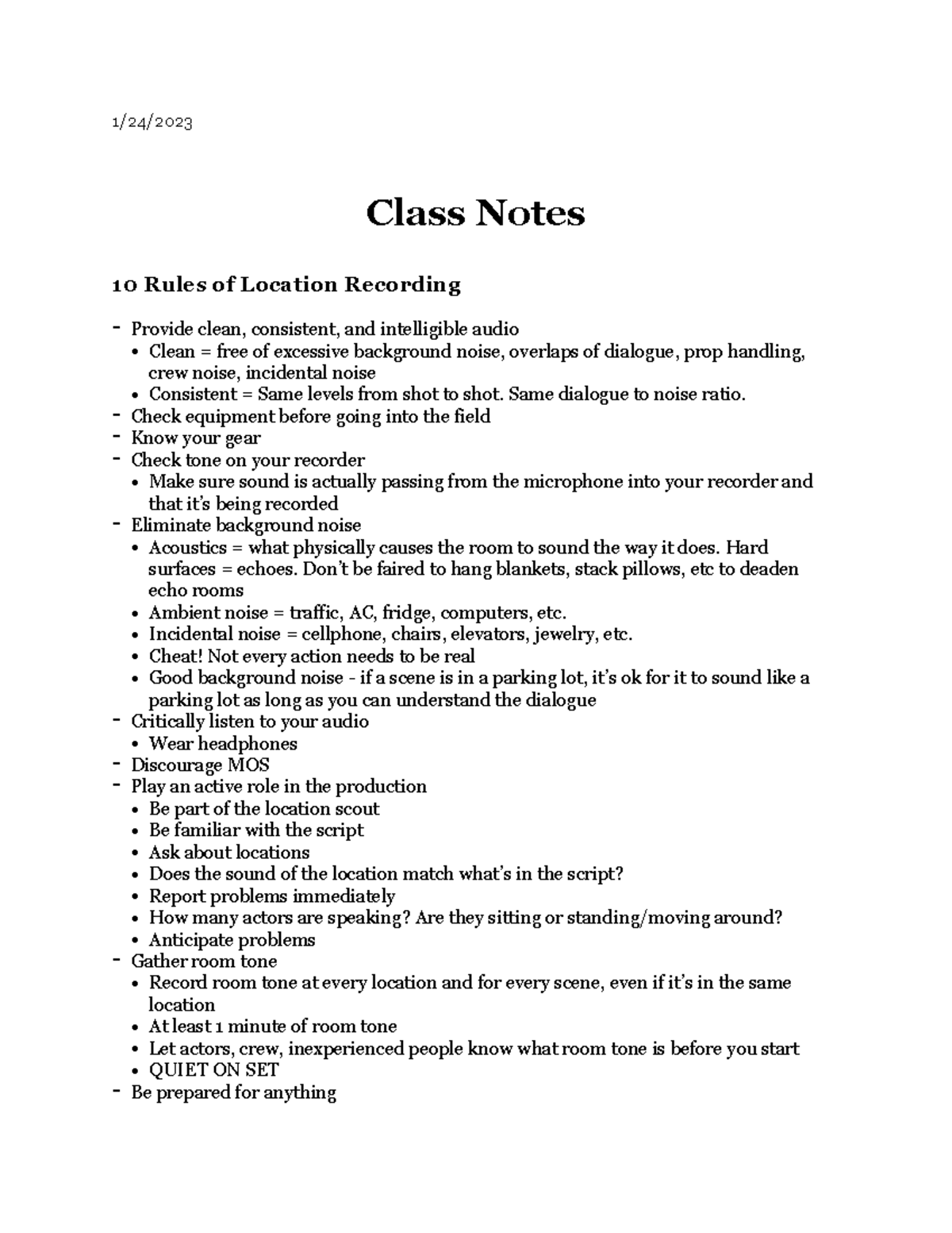 Location and Post Production Sound Notes - 1/24/ Class Notes 10 Rules ...
