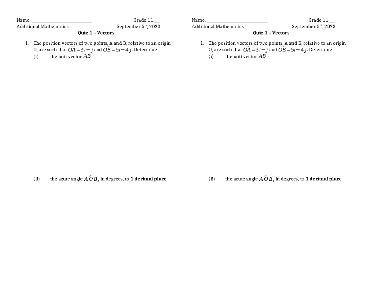 Quiz 1 - Vectors - Quiz questions - Name ...