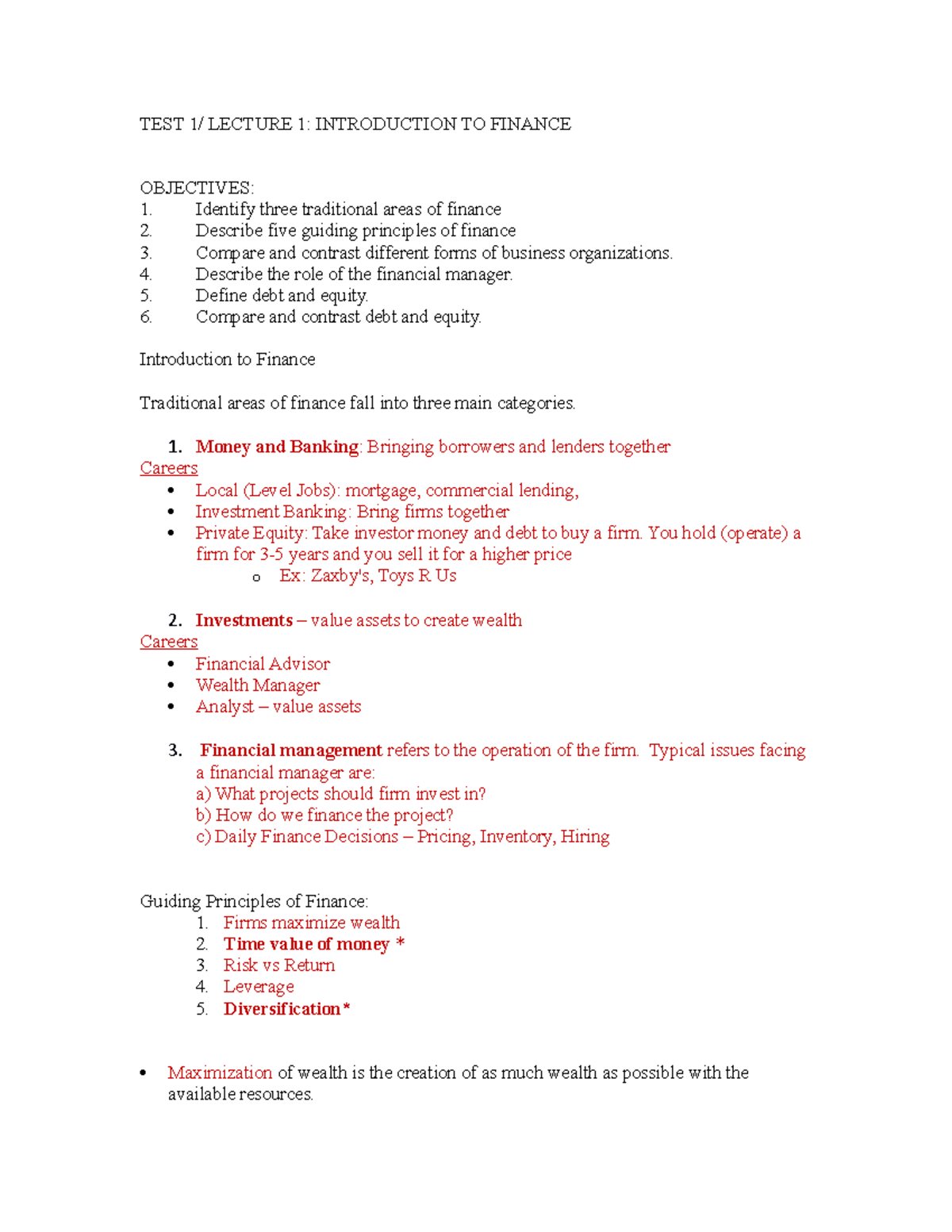 Introduction TO Finance - TEST 1/ LECTURE 1: INTRODUCTION TO FINANCE ...