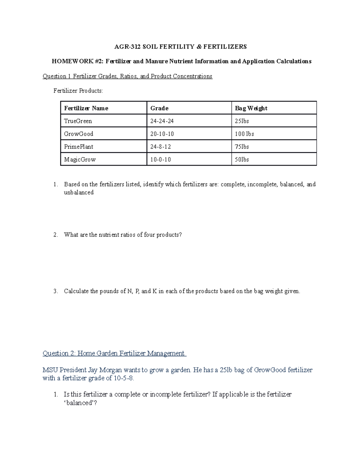 Homework#2 Fertilizer and Manure Applications - AGR-312 SOIL FERTILITY ...