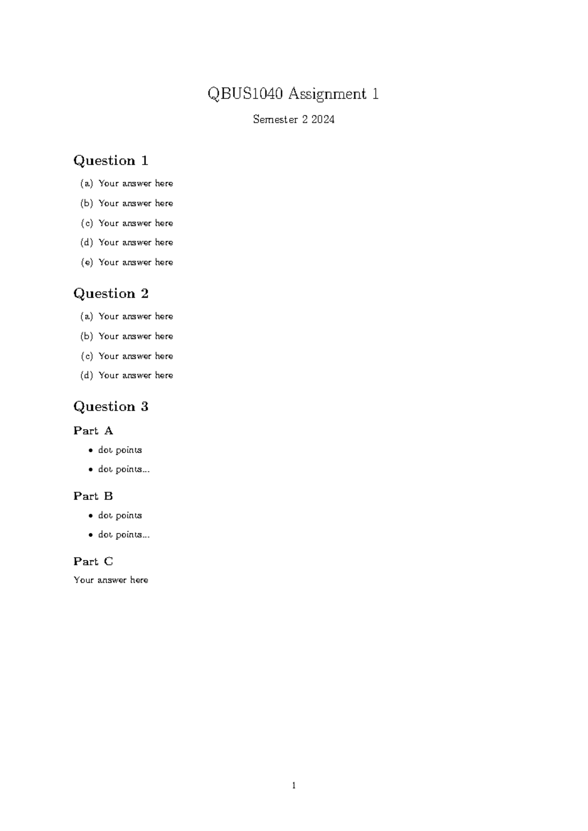 QBUS1040 Assignment 1 Template - QBUS1040 Assignment 1 Semester 2 2024 Question 1 (a) Your ...