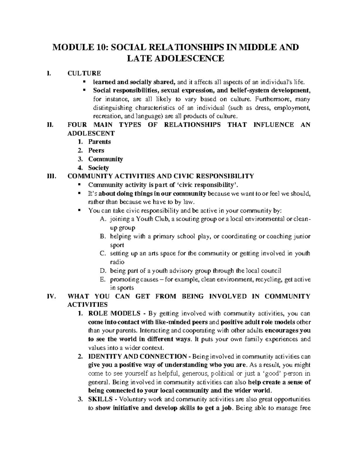 Module 10 - Personal Development - MODULE 10: SOCIAL RELATIONSHIPS IN MIDDLE AND LATE ...