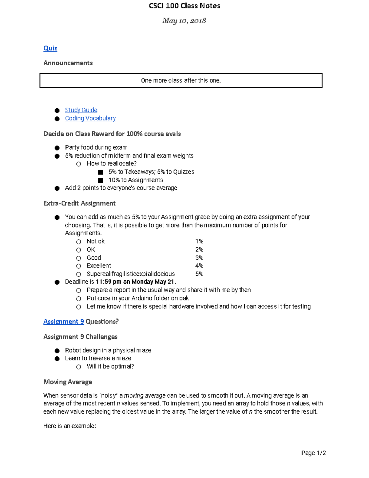 2018-05-10 Class Notes - CSCI 100 Class Notes May 10, 2018 Quiz ...