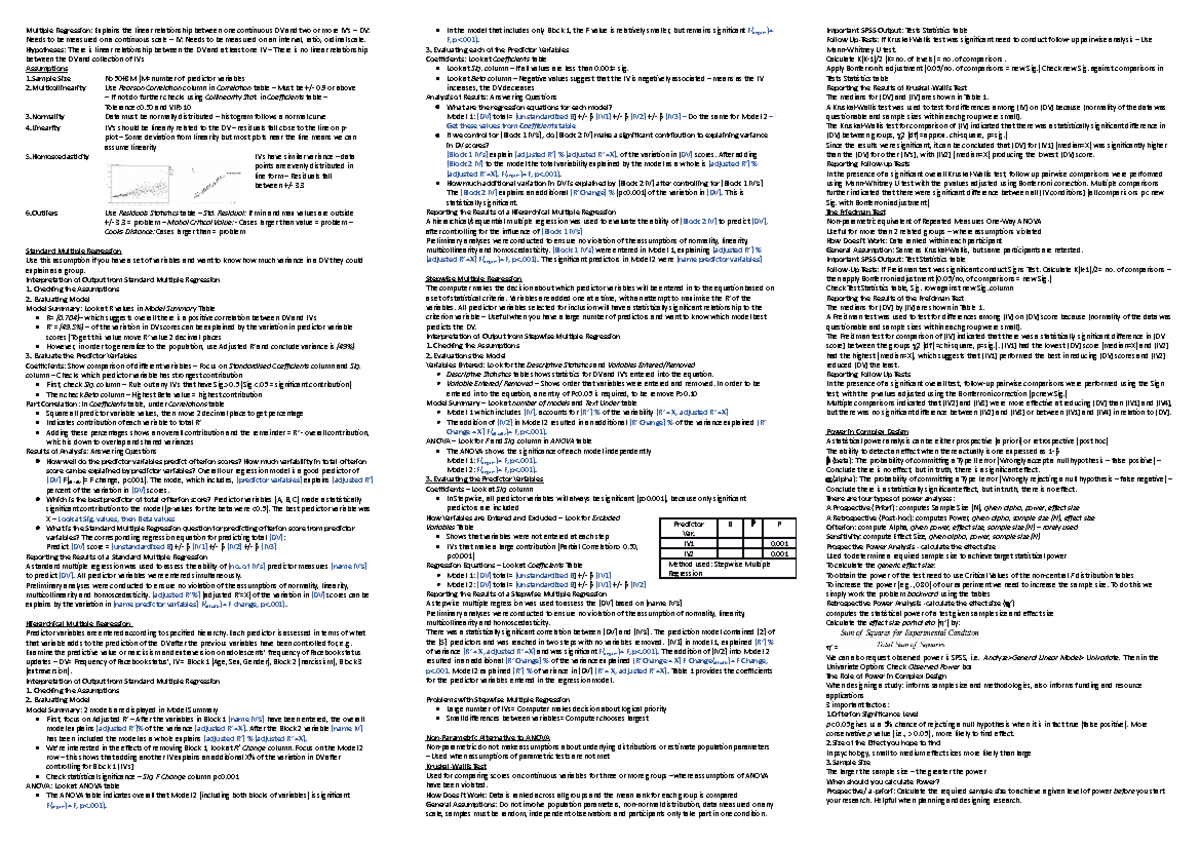 Cheat Sheet - Exam summary - Multiple Regression: Explains the linear relationship between one ...
