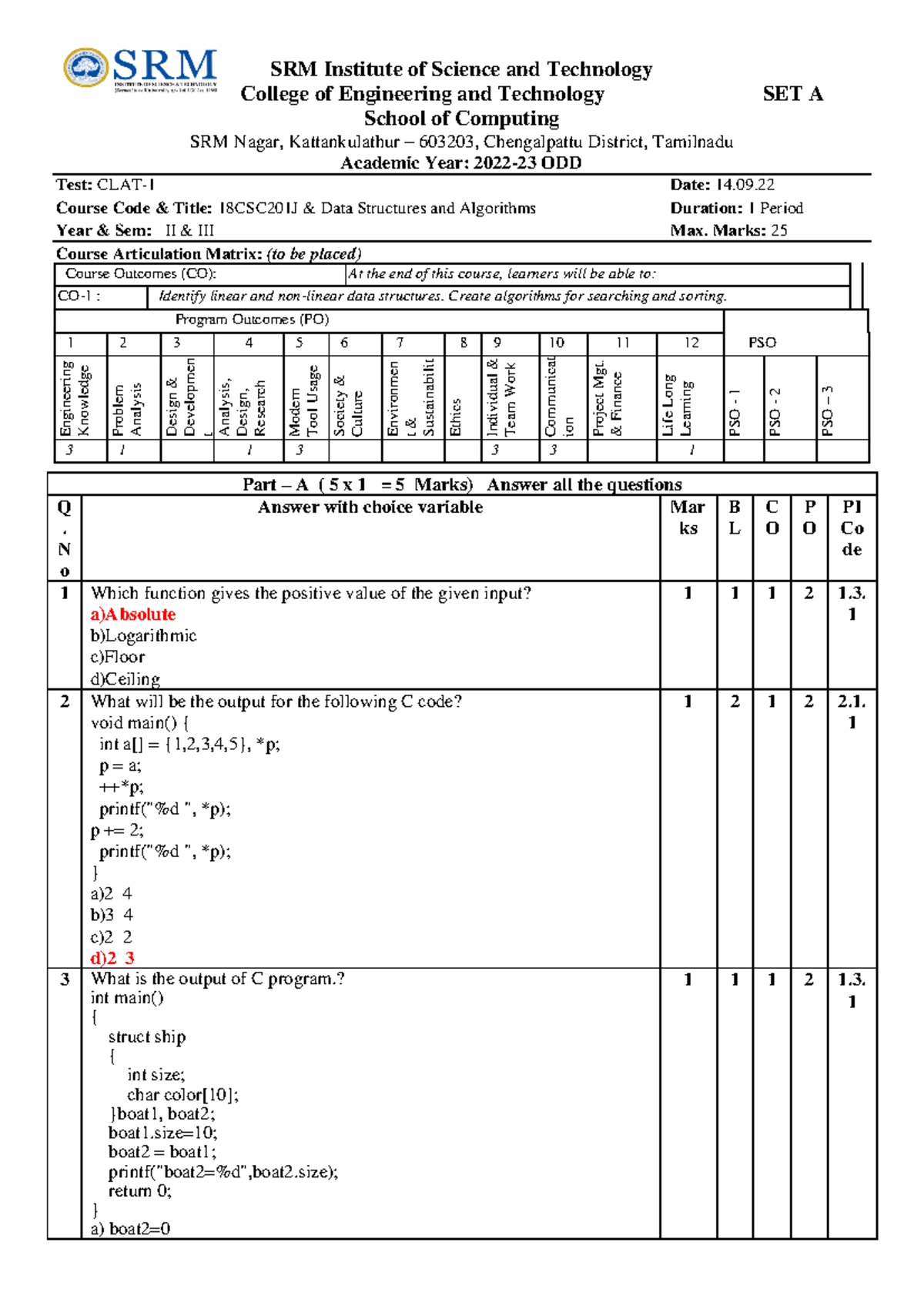 DSA CT1- SET C - SRM Institute of Science and Technology College of Engineering and Technology ...