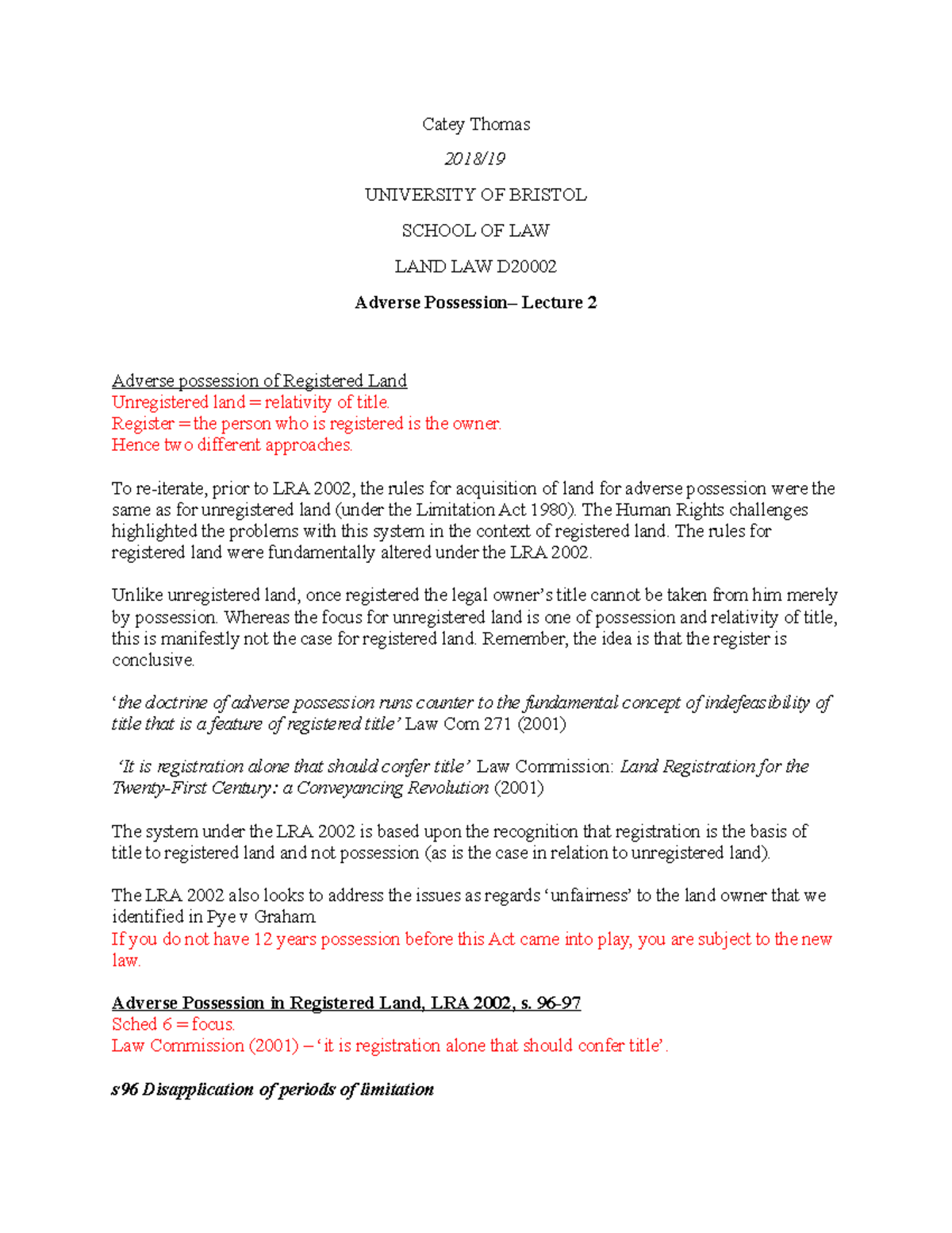 25:02:19 - Adverse Possession lecture 2 - Catey Thomas 2018/ UNIVERSITY ...